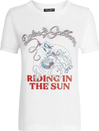 Dolce & Gabbana Femme, Tops, Blanc, Taille: 42 FR Logo Embroidery T-Shirt