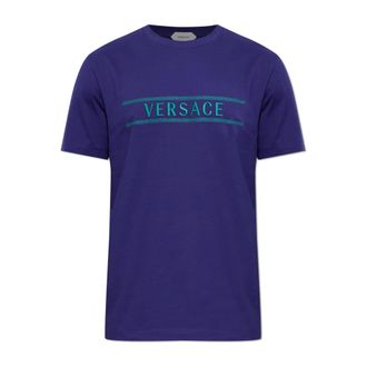 Versace Baumwoll-T-Shirt mit gesticktem Logo - - Tops - Herren - Blau - M