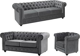 Vente-Unique Canap&eacute;s 3 Places et 2 Places et Fauteuil en Velours Anthracite Chesterfield