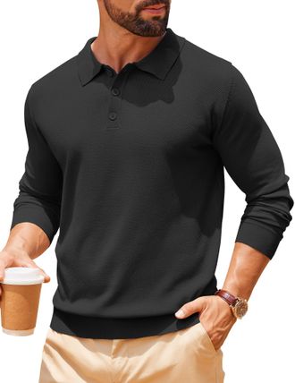 Coofandy Polo Pullover Herren Langarm Poloshirt Business Strickpullover Dünn Winter Warm Strickpulli Mit Polokragen Einfarbig Sweatshirt Schwarz XXXL