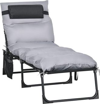 OUTSUNNY Bain de soleil transat pliable inclinable avec poign&eacute;e, pochette rangement et matelas grand confort gris