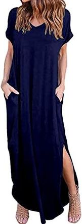 Generic Robe longue fendue &agrave; col en V pour femme, couleur unie, tendance, d&eacute;contract&eacute;e, &agrave; manches longues, pour lautomne, noir fonc&eacute;, 4XL