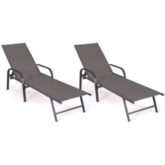 IDMarket Lot de 2 transats de jardin inclinables FIDJI en acier gris anthracite et toile grise