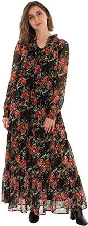 Coline Robe Longue Hiver imprim&eacute; Roses - Couleur : Noir - Taille : L