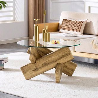 Generic Runder Couchtisch 79 cm mit Glasplatte & Kreuz-Rahmen - Geh&auml;rtetes Glas (0,8 cm), MDF, Mehrfarbig optional - Moderner & stylischer Wohnzimmertisch