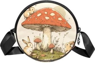 Generic Sac &agrave; bandouli&egrave;re rond pour femme, motif champignons, lapins, petit sac &agrave; bandouli&egrave;re avec fermeture &eacute;clair, bretelles r&eacute;glables, sac &agrave; main rond d&eacute;co