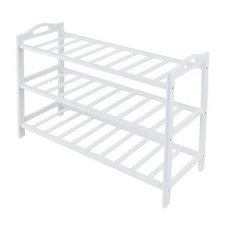 Relaxdays Schuhregal, HxBxT: 48 x 70 x 25 cm, Bambus, 3 Ebenen, f&uuml;r 9 Paar Schuhe, Schuhst&auml;nder mit Gitterablagen, wei&szlig;