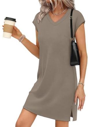 Generic Robe d&eacute;t&eacute; d&eacute;contract&eacute;e pour femme avec col en V et manches courtes &agrave; volants, poches infroissables, pour la plage, les vacances, le travail, marron, S