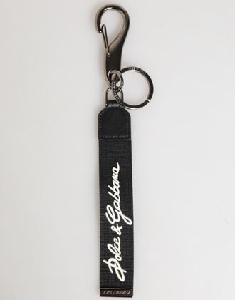 Dolce & Gabbana Black White Polyester Dg Logo Silver Men Keychain Keyring Real Brass Calfskin Accessory