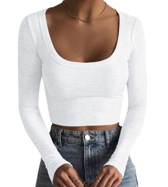Minetom Damen Langarm T-Shirt mit Quadratischer Ausschnitt Basic Langarmshirt Crop Tops Bauchfrei Oberteile Sweatshirt Pullover Top Herbst Ribbed A Wei&szlig; XSz