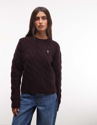 Polo Ralph Lauren pull &agrave; maille torsad&eacute;e coupe droite avec logo icon en marron