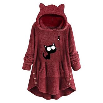 Generic Sweat en Polaire Femme Oreilles De Chat Sweat-Shirt Capuche Imprim&eacute;S Mignon Pullover Oversize Chaude Confortable Portable Couverture Sweatshirt pour L