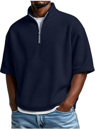 Generic Sweat-shirt d&eacute;contract&eacute; &agrave; col montant et fermeture &eacute;clair contrast&eacute;e pour homme, chemise gaufr&eacute;e &agrave; manches longues, pull ample pour les vacances, bleu