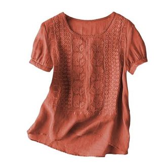 Generic Chemise en lin pour femme habill&eacute;e d&eacute;contract&eacute;e r&eacute;tro broderie fleur hauts &agrave; manches courtes boh&egrave;me d&eacute;t&eacute; tendance tunique fluide, Orange, 3XL