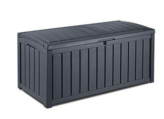Keter Glenwood Kissenbox, Auflagenbox, 390 Liter Volumen, Wasserdicht, Graphit, Holzoptik, Sitzbank für 2 Erwachsene,134.5L x 74.5W 13.3H cm, Gartenbox, Gra