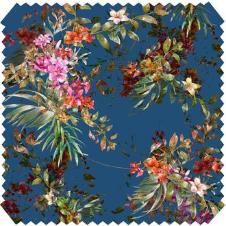 Novely PAPAYA Velours mit Palmen und Blumen - Samtiger Möbelstoff - Robuster Polsterstoff - Pflegeleichte Meterware 1lfm | Farbe: 05 Azurblau