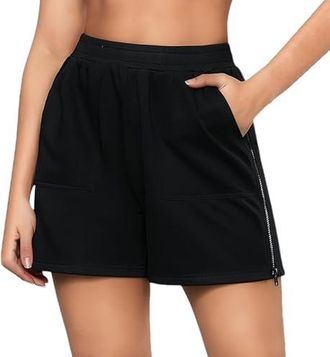 Generic Short de surv&ecirc;tement pour femme taille haute &agrave; enfiler avec fermeture &eacute;clair lat&eacute;rale, d&eacute;contract&eacute;, en coton, short d&eacute;t&eacute; avec poches, Noir, XXL