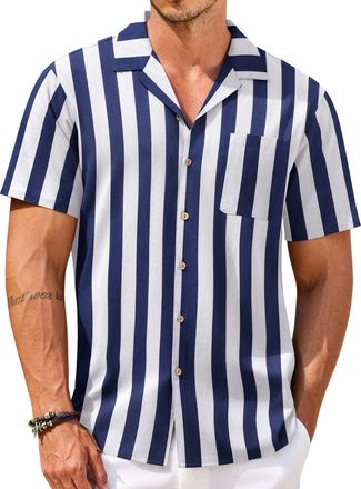 Coofandy Hawaii-Hemden f&uuml;r Herren, Baumwolle, Leinen, Knopfleiste, Tropische Urlaub, Strandhemden, A-Streifen, Marineblau, Mittel