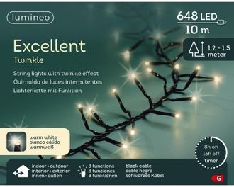 Lumineo EXCELLENT TWINKLE Lichterkette 648 LED 10 m warmwei&szlig; - 8 Lichtfunktionen & Timer 8 h, IP44 wetterfest, 15 m Gesamtl&auml;nge inkl. 5 m Zuleitung, LED Weihn