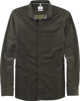 Olymp Herren Freizeithemd Langarm Level Five Smart Casual,Feincord,Body fit,Kent-Kragen,Oliv 47,XXL