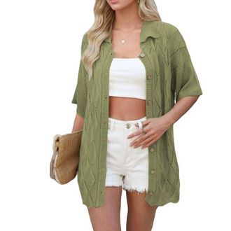 Generic Cardigan ample à manches courtes pour femme avec boutons sur le devant, chemisier pour femme, 2025, Vert, L