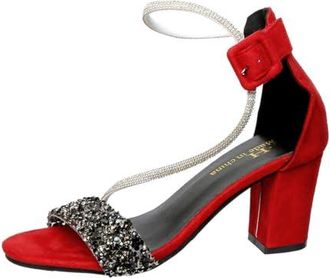Generic Escarpins &agrave; talons mi-&eacute;pais pour femme - Bout ouvert - Paillettes - Strass - Sangle de cheville - Chaussures de f&ecirc;te de mariage, Rouge, 38.5 EU