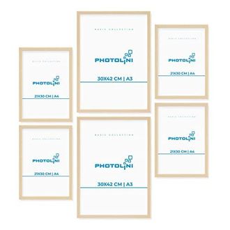 Photolini Cadre bois MDF naturel, lot de 6 cadres photo pour posters et affiches No.7, verre acrylique incassable, d&eacute;coration murale &agrave; suspendre, accessoires su