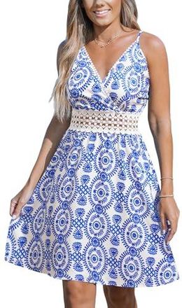 Cupshe Mini robe portefeuille pour femme avec col en V, motif floral tropical, sans manches, bretelles réglables, robe dété trapèze, bleu, XL