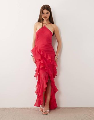 Asos Robe longue coup&eacute;e en biais avec ourlet &eacute;vas&eacute; asym&eacute;trique &agrave; volants - Rose