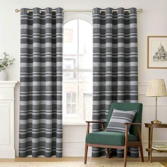 Homescapes Morocco &Ouml;senvorhang 2er-Set, Vorhang monochrom gestreift 137x137 cm aus 100% Baumwolle, 2 handgewebte Vorhangschals, Streifen-Gardinen mit &Ouml;sen