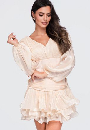 Ombre Minikleid Damen Minikleid mit V-Ausschnitt und R&uuml;schen Creme L (kein Set, 1-tlg)