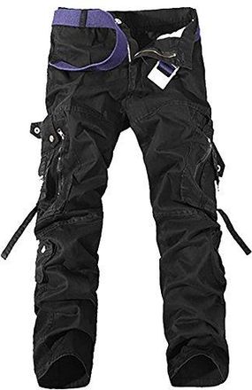 Missmao Homme Pantalon Cargo en Coton avec Multi Poches Type Mince sans Ceinture Pantalon de Combat Noir 32