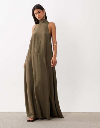 Asos Robe babydoll longue en tissu technique &agrave; col chemin&eacute;e et taille basse - Olive fonc&eacute;-Vert