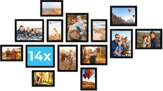 Photolini Schwarze Bilderrahmen Set verschiedene Gr&ouml;&szlig;en, Bilderwand Collage 14 Rahmen, Bilderrahmen-Set Schwarz Holz MDF, Aufstellen & Aufh&auml;ngen, Acrylglas, pho