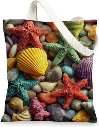 Generic Sacs fourre-tout en toile côtière, motif coquillage vif, sacs à provisions réutilisables, légers et lavables avec bandoulière, multicolore, 13x15 Inch