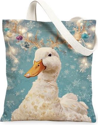 Generic Sacs fourre-tout en toile de canard de No&euml;l, motif animal, sacs d&eacute;picerie r&eacute;utilisables, sacs d&eacute;picerie dhiver, l&eacute;gers et lavables en toile pour voyag
