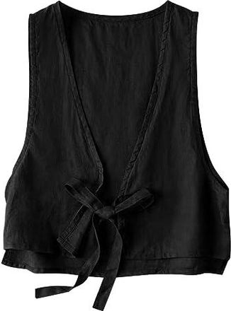 Generic Gilet en coton et lin pour femme - D&eacute;contract&eacute; - Sans manches - Avec noeud sur le devant, Noir, XXL