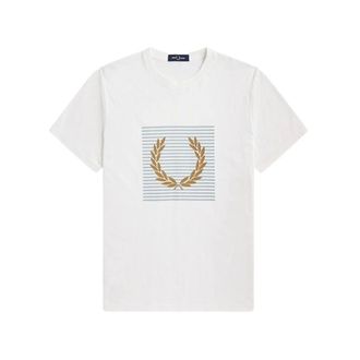 Fred Perry Homme, Tops, Blanc, Taille: XL T-shirt en jersey &agrave; rayures et couronne de laurier