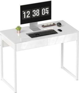 HOMCOM Bureau avec 2 tiroirs, Table dordinateur 100 x 50 cm, Bureau Moderne Pied en Acier, Poste de Travail pour Chambre, Petits espaces, Blanc Brillant