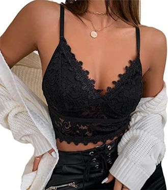 Onsoyours Débardeur Femme Été Sexy Corset Crop Top Gilet en Dentelle T-Shirt sans Manches Col V Casual Bretelles Spaghetti Camisole Shirt Blouse Hauts Noir XS