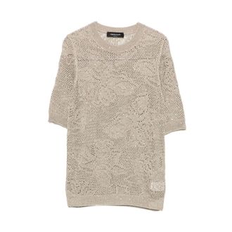 Fabiana Filippi Femme, Tops, Beige, Taille: 42 FR Open Knit Design Crew Neck Short Sleeves