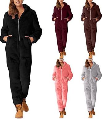 Generic Pyjama grenouillère pour femme - Pyjama chaud confortable et chaud à capuche de couleur unie Combinaison épaisse décontractée à fermeture éclair avec 