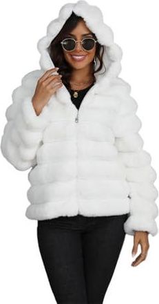 ZhuiKun Manteau en Fausse Fourrure pour Femme Veste à capuche avec fermeture éclair Manteau dhiver Court et Chaud - Blanc, XXL