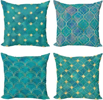 Abakuhaus Abstrakt Dekokissen Kissenbezug 4 er Pack, Aquarell Oriental Squama, Modern Accent Doppelseitiger Digitaldruck, 50 x 50 cm, Ceil Blau