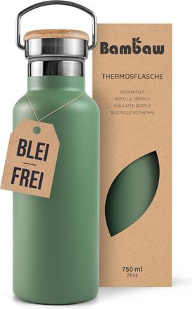 Bambaw Thermo Trinkflasche 750ml, Thermosflasche Gr&uuml;n, Edelstahl Trinkflasche, Wasserflaschen, Metall Trinkflasche, Outdoor Flasche - Salbeigr&uuml;n