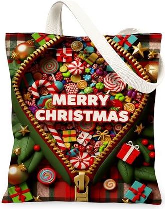 Generic Sacs fourre-tout en toile pour bonbons de No&euml;l, sacs r&eacute;utilisables &agrave; motif de bonbons festifs, sacs de vacances vintage lavables en toile pour, vert, 