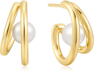 Ania Haie Damen Creolen CHIC CREATOR Duo Freshwater Pearl Stud Hoops aus 925 Sterling Silber 14k vergoldet, verziert mit 2 Süßwasserperlen, Größe: 17,5 x 8,3 mm