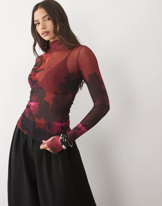 AFRM Zadie Mesh-Top mit hohem Kragen, langen &Auml;rmeln und Spitze in Burgunderrot mit Blumenmuster