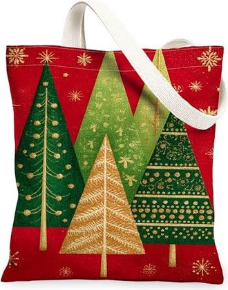 Generic Sacs fourre-tout en toile pour sapin de No&euml;l, motif for&ecirc;t de vacances, sacs d&eacute;picerie r&eacute;utilisables, rustiques, l&eacute;gers et lavables en toile, Rouge, 13