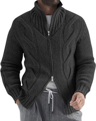 Minetom Cardigan Homme Automne Hiver Ouvrez-Front Zippé Gilet Veste Tricoté Chaud Coupe Ajustée Col Montant Manche Longue A Noir L
